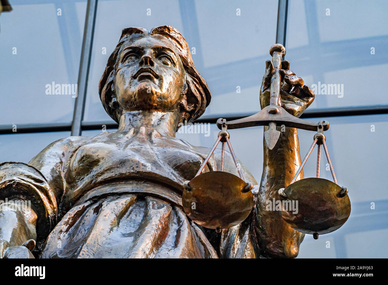 Russia, Moscow. A statue of Themis outside the Russian Supreme Court ...