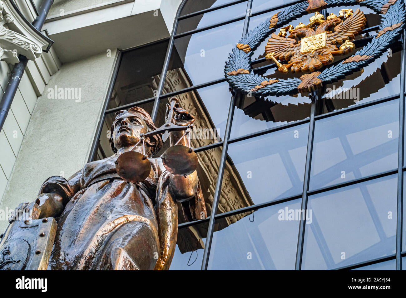 Russia, Moscow. A statue of Themis outside the Russian Supreme Court ...