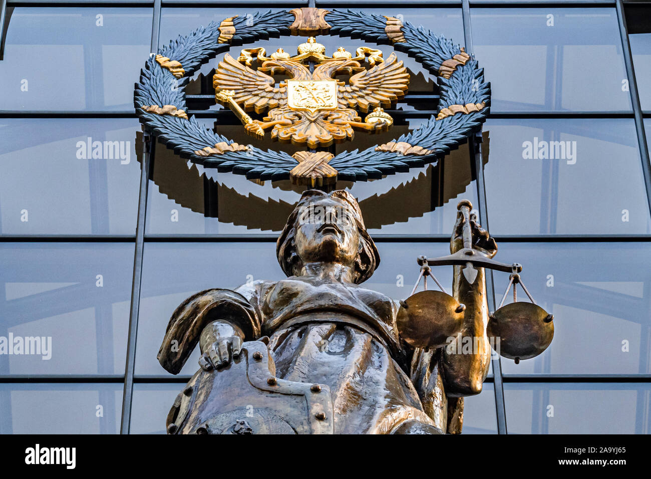 Russia, Moscow. A statue of Themis outside the Russian Supreme Court ...