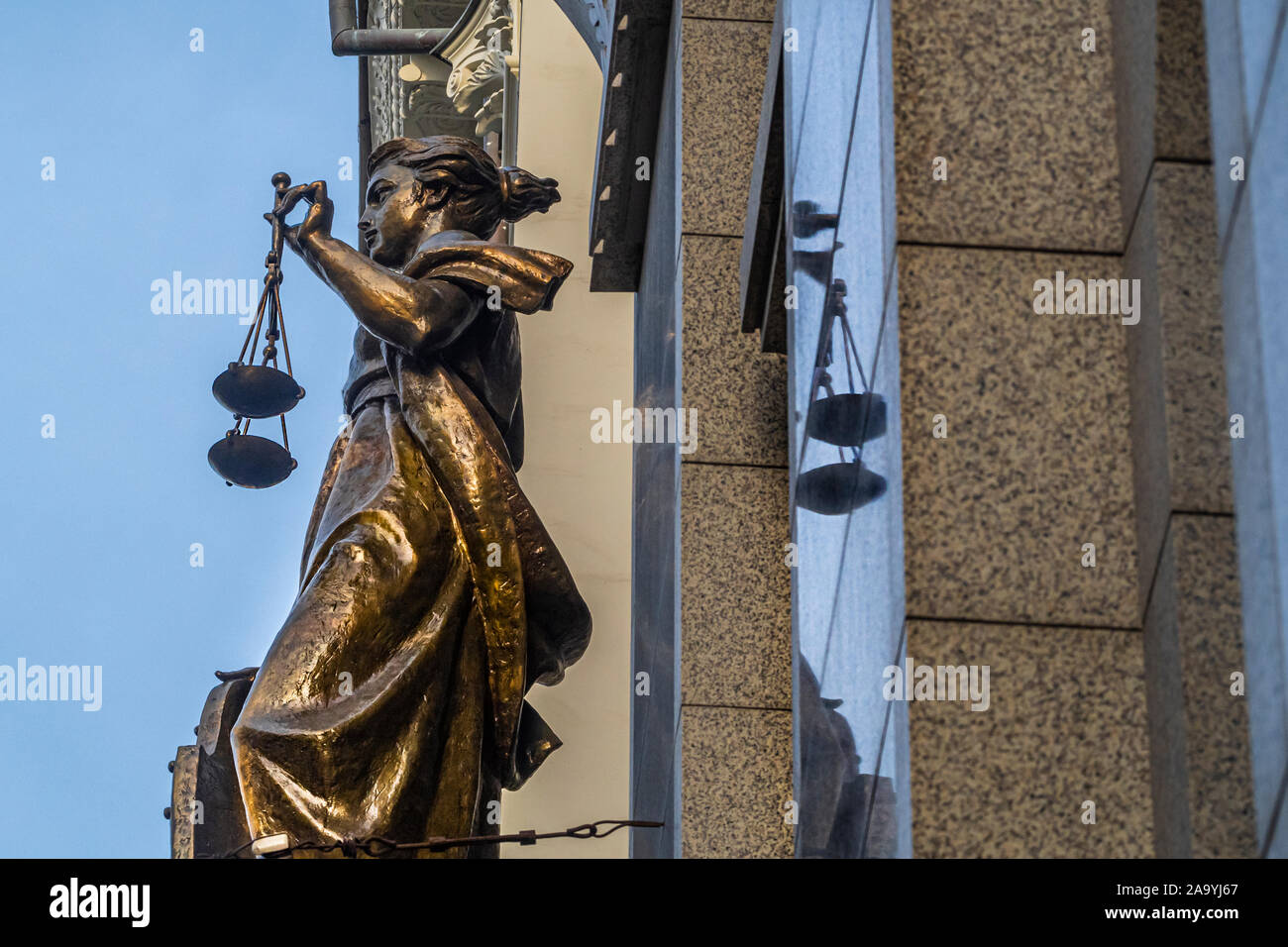 Russia, Moscow. A statue of Themis outside the Russian Supreme Court ...