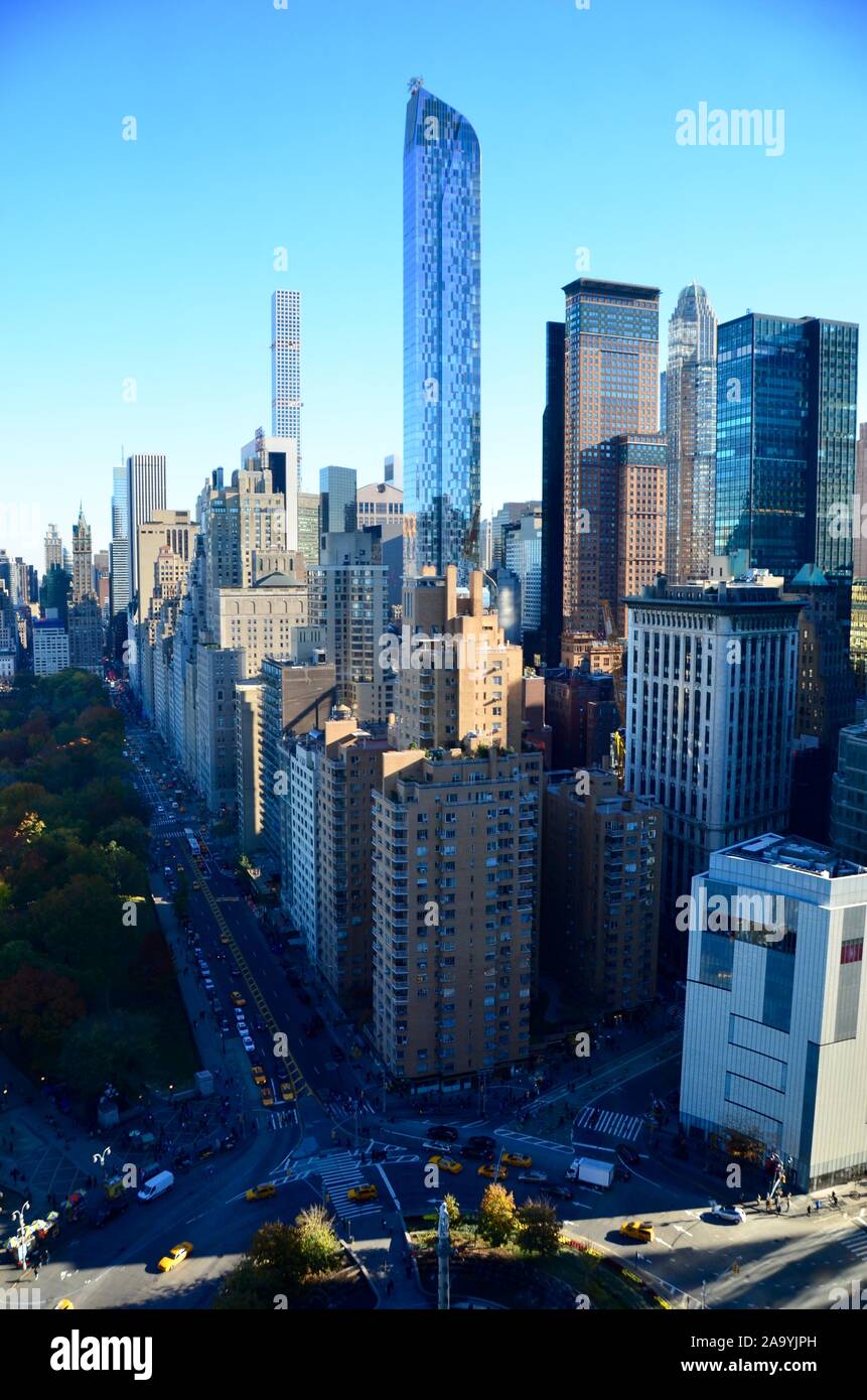 New York City Manhattan midtown view with skyscrapers and blue sky in ...