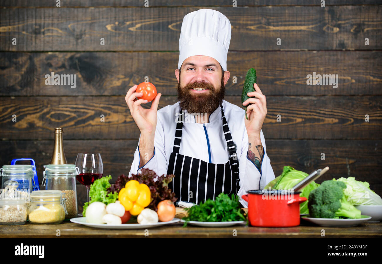 Say no to unhealthy food. Vitamin. man use kitchenware. Professional ...