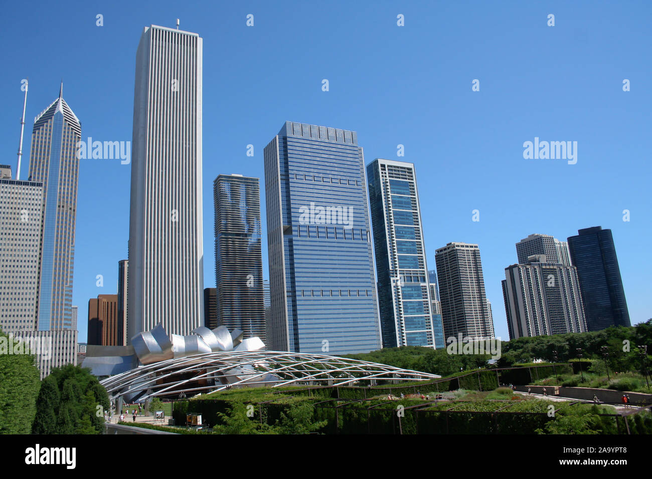 CHICAGO-FEB 09:Jay Pritzker Pavilion with high modern buildings in ...
