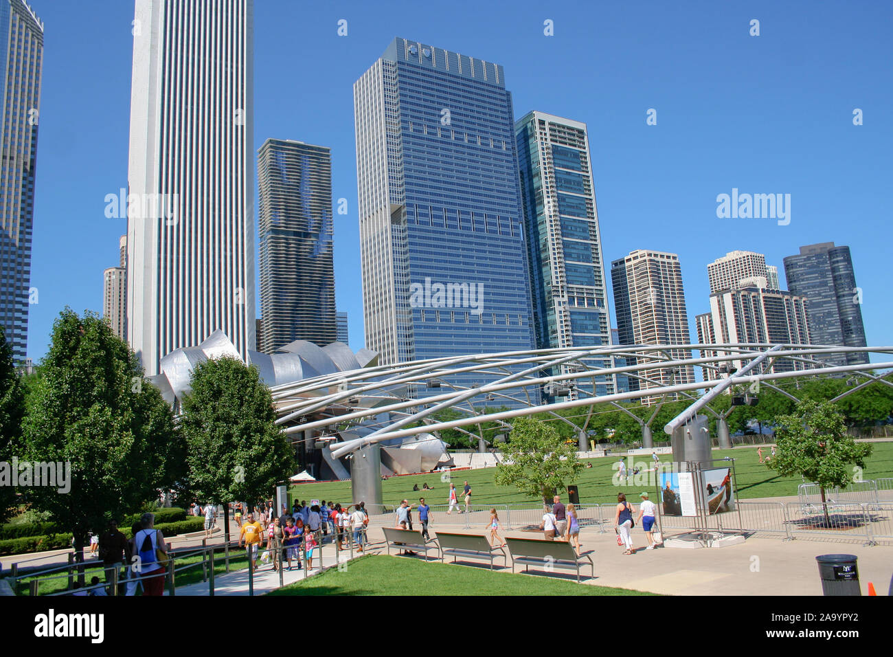 CHICAGO-FEB 09:Jay Pritzker Pavilion with high modern buildings in ...