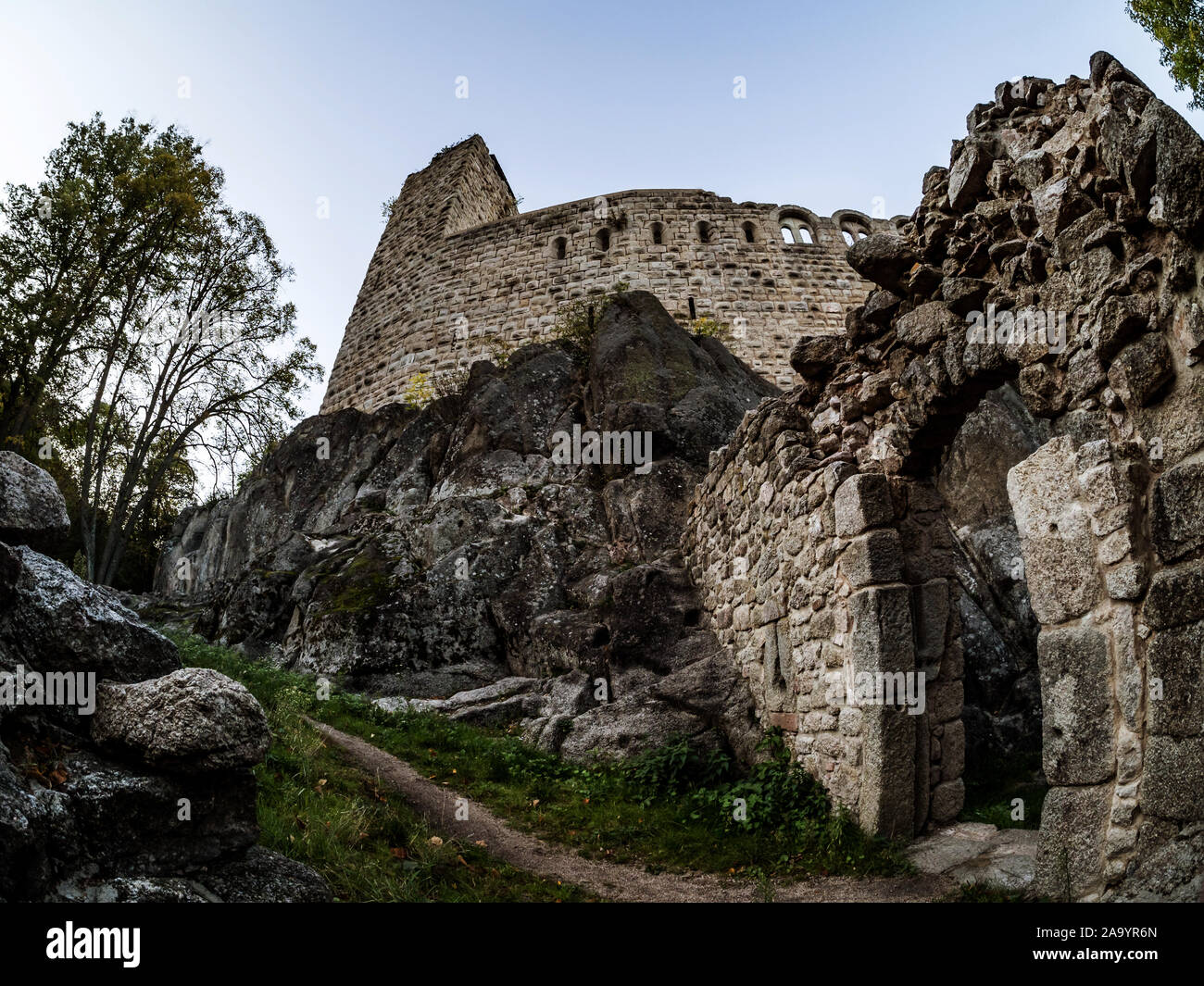 Old medieval hilltop castle Bernstein in Alsace. The ruins of a ...