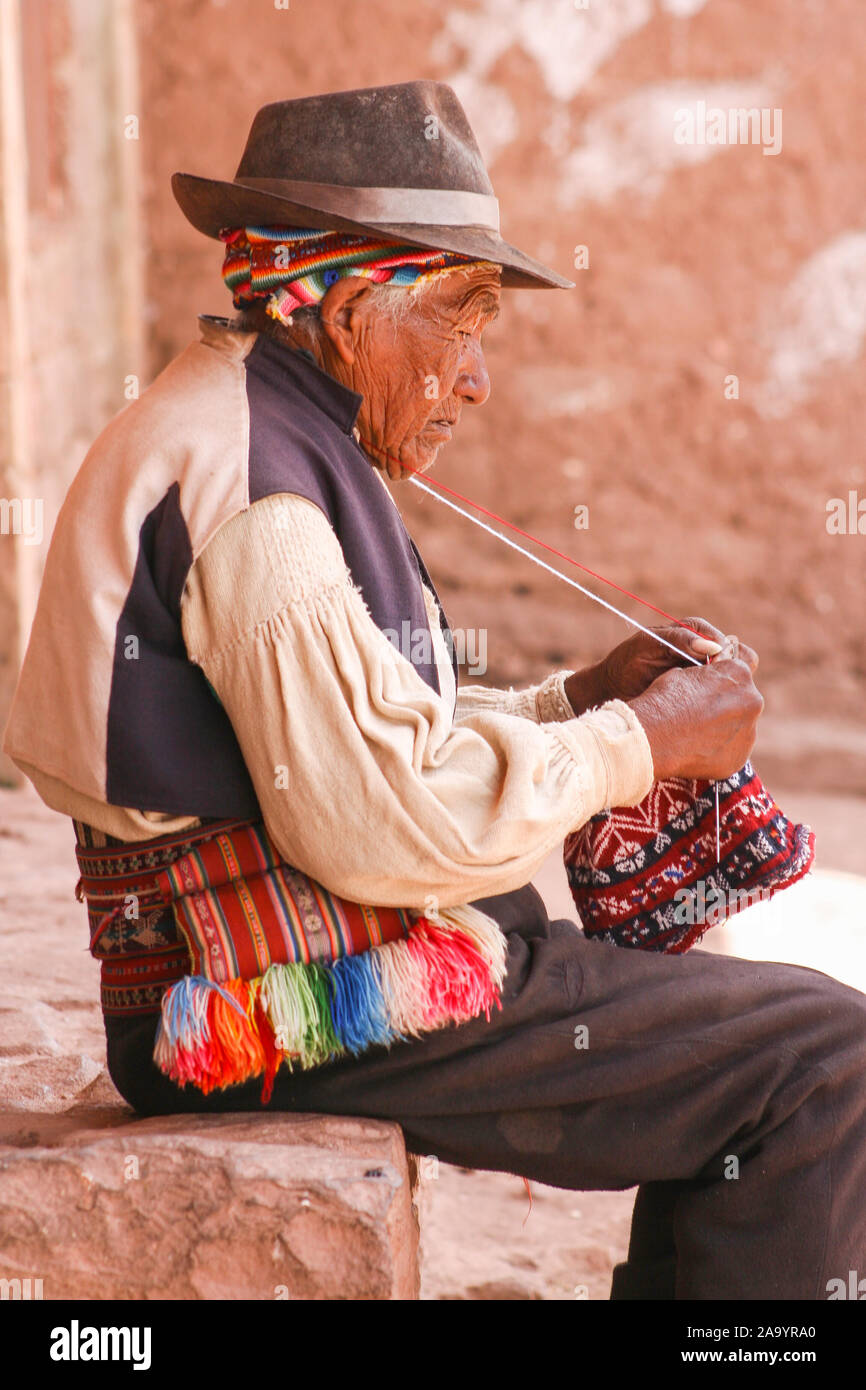 Traditional taquile island lake titicaca peru hat hi-res stock ...