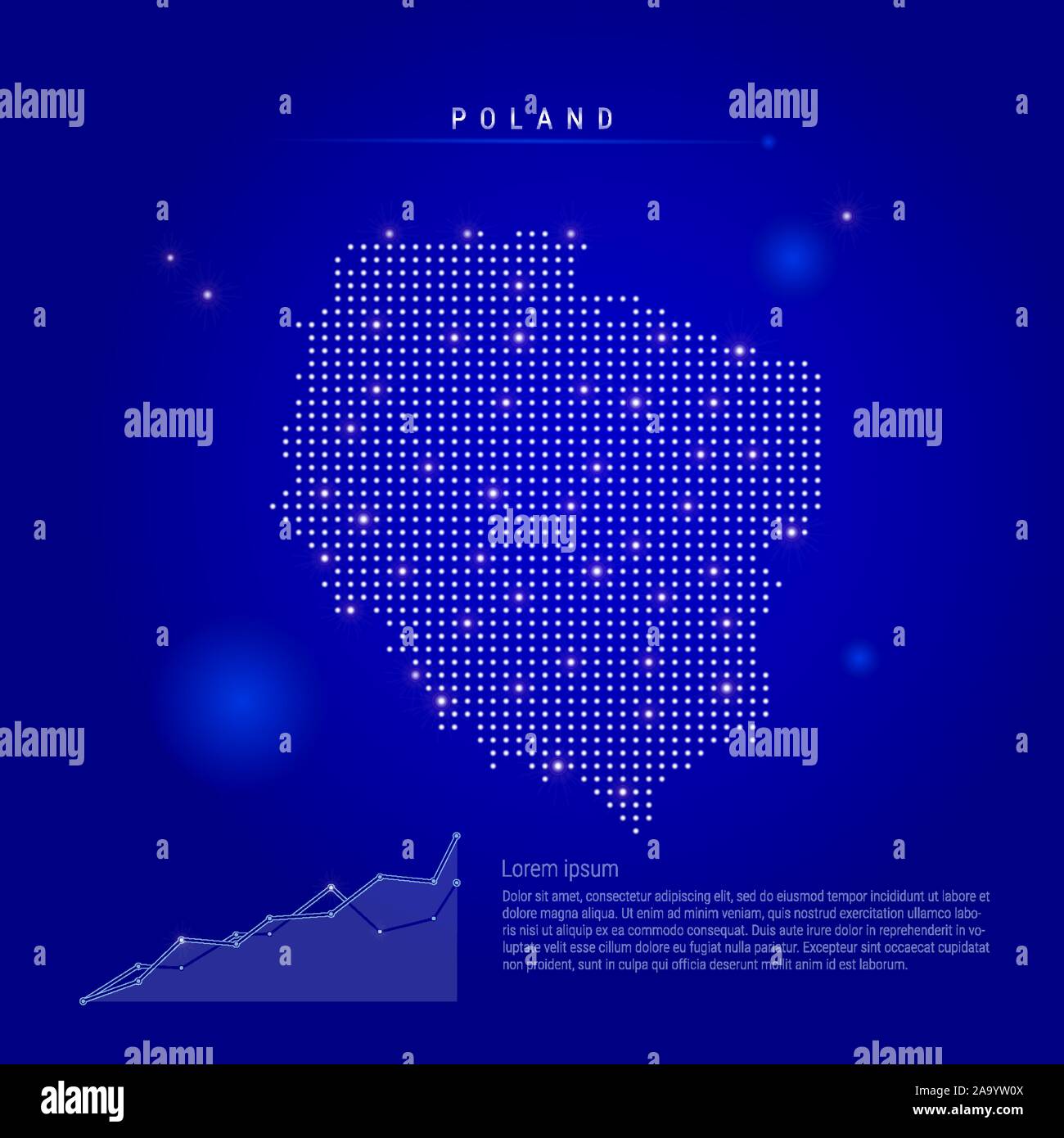 Poland illuminated map with glowing dots. Infographics elements. Dark ...