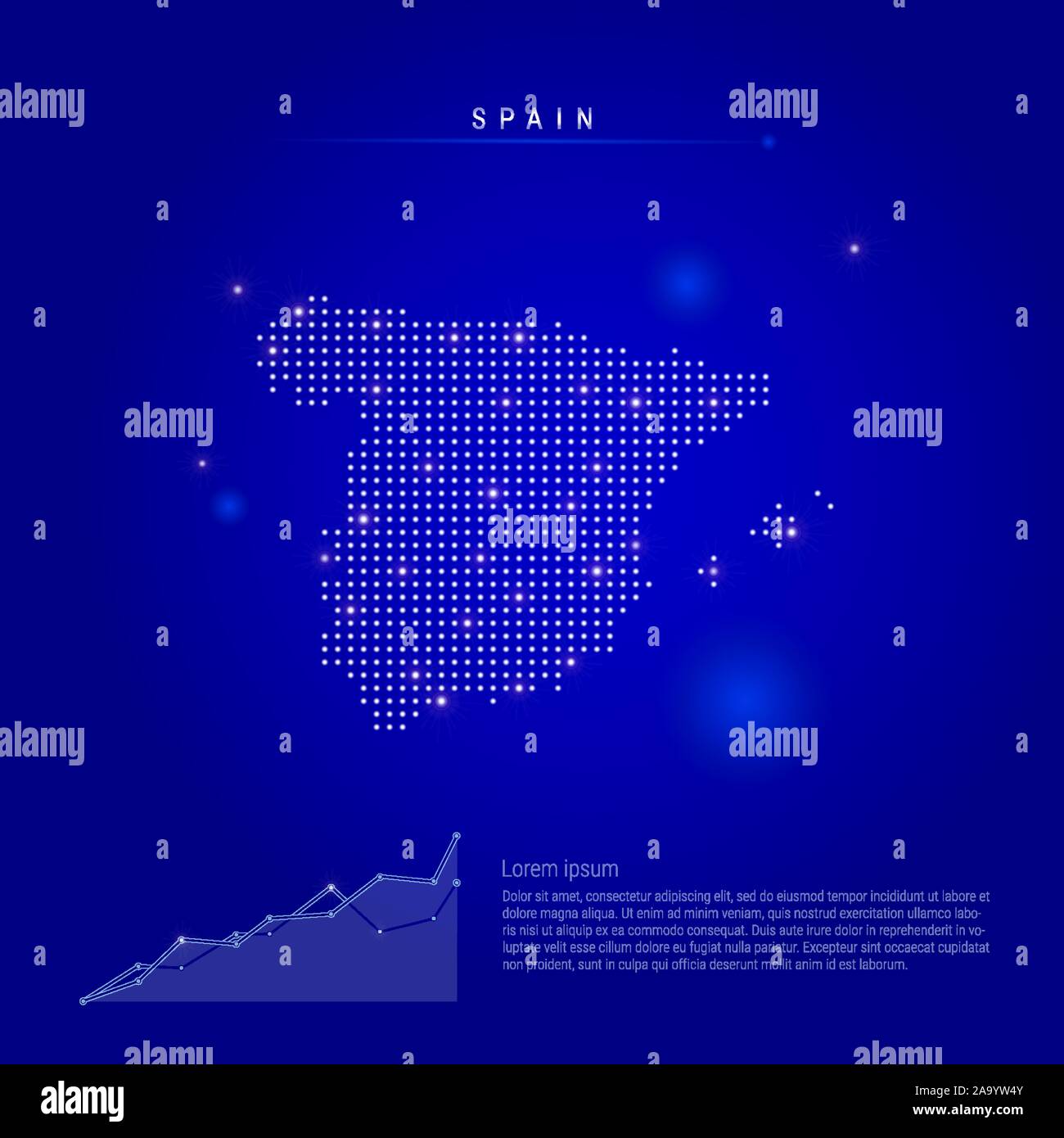 Spain illuminated map with glowing dots. Infographics elements. Dark ...