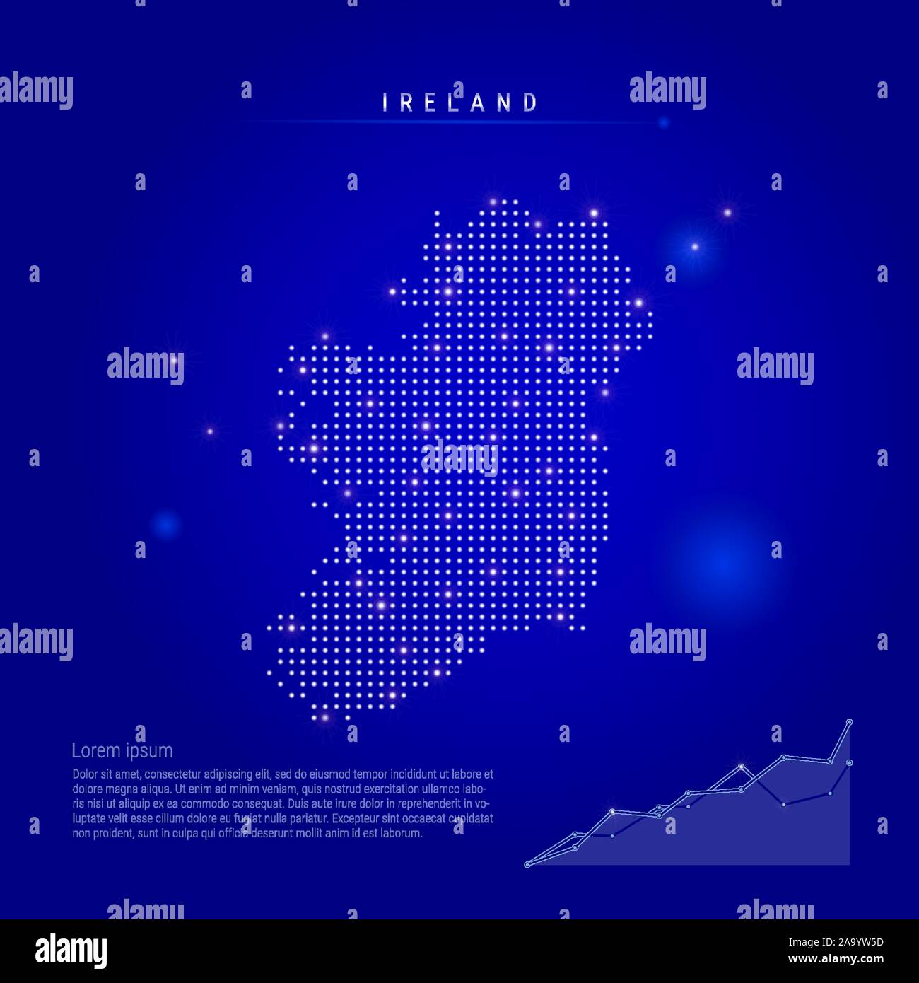 Ireland illuminated map with glowing dots. Infographics elements. Dark ...