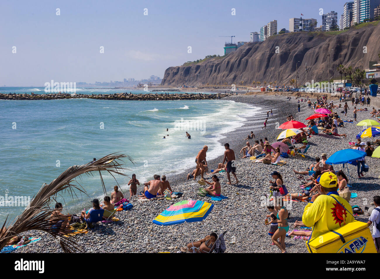 Crowded beach in Lima, Peru, district of Barranco. 2016-11-20 Stock ...
