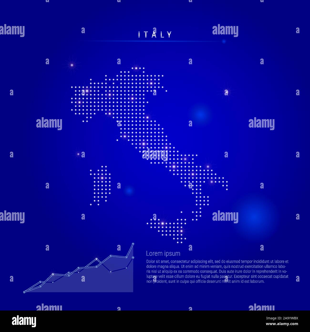 Italy illuminated map with glowing dots. Infographics elements. Dark ...
