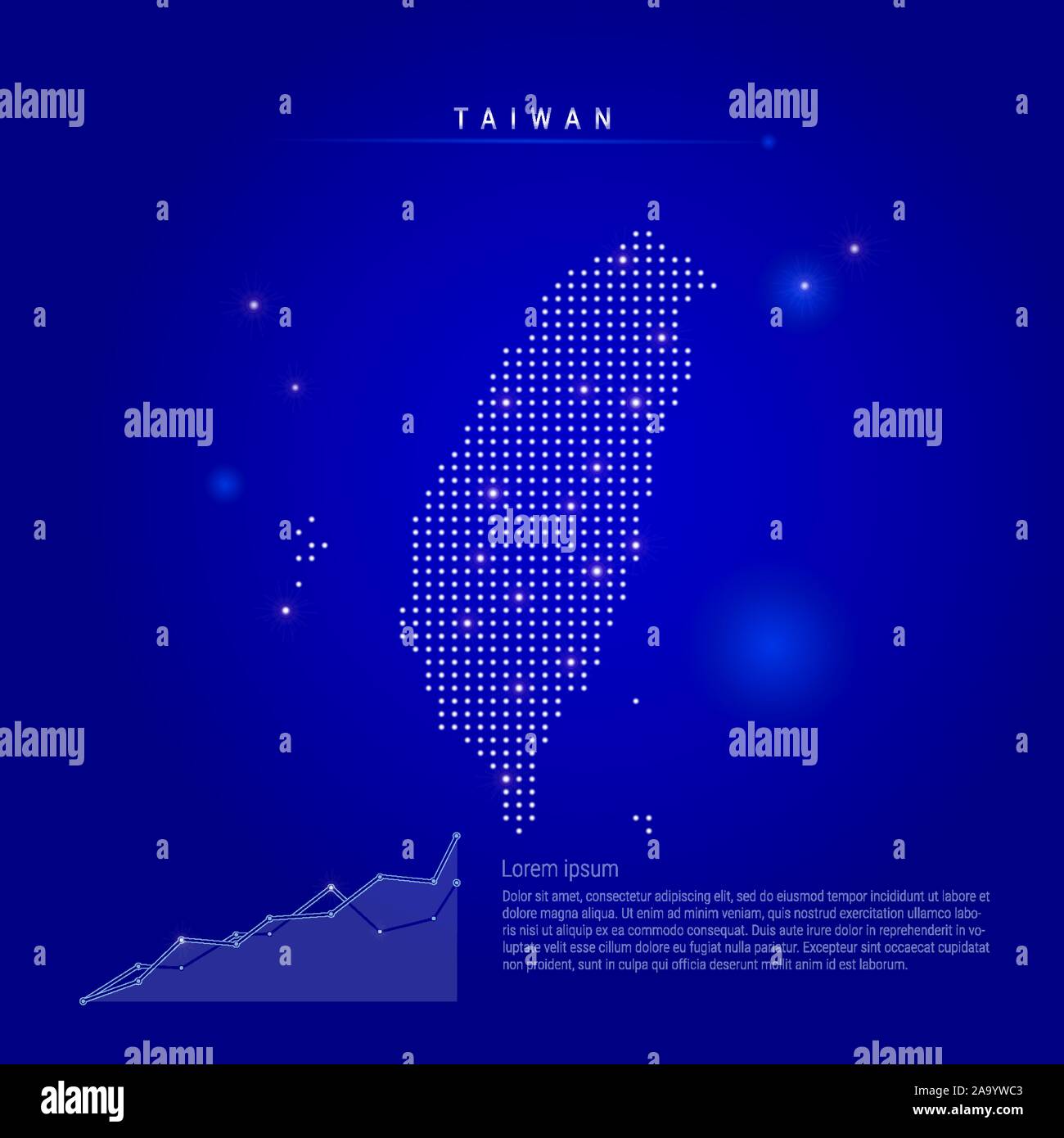 Taiwan illuminated map with glowing dots. Infographics elements. Dark ...