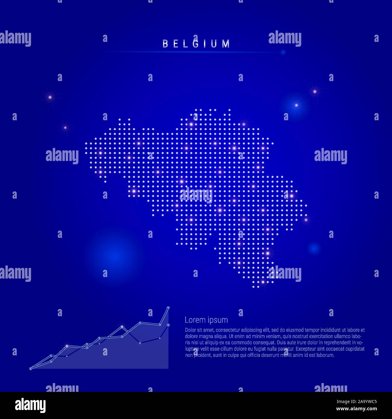 Belgium illuminated map with glowing dots. Infographics elements. Dark ...