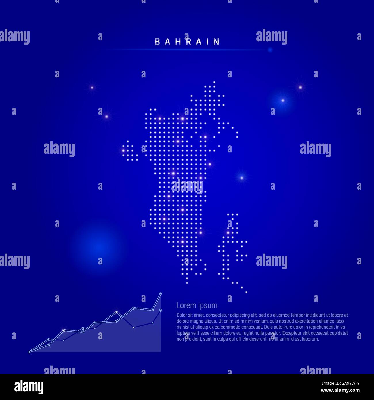 Bahrain illuminated map with glowing dots. Infographics elements. Dark ...