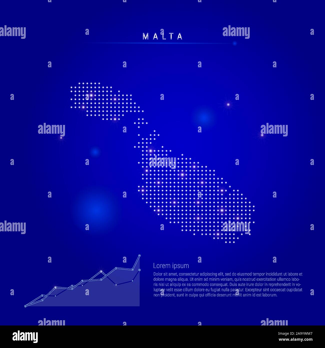 Malta illuminated map with glowing dots. Infographics elements. Dark ...