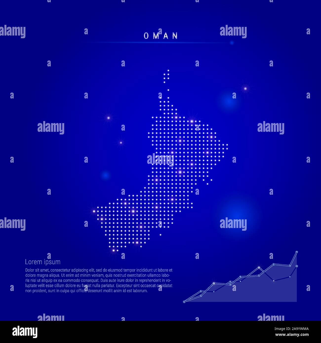 Oman illuminated map with glowing dots. Infographics elements. Dark ...