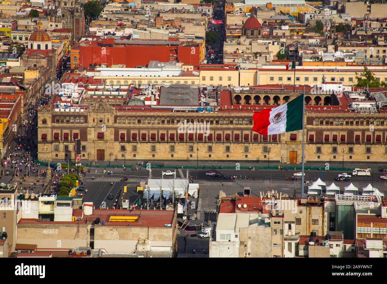 Aerial view of mexico city zocalo downtown with mexican flag Stock ...