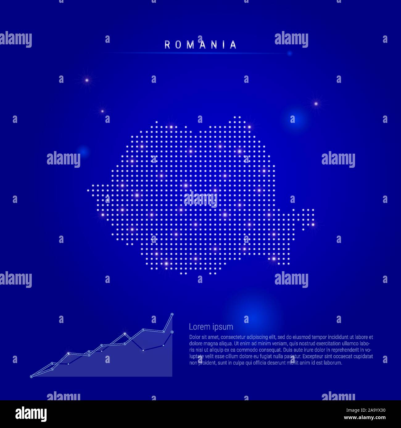 Romania illuminated map with glowing dots. Infographics elements. Dark ...