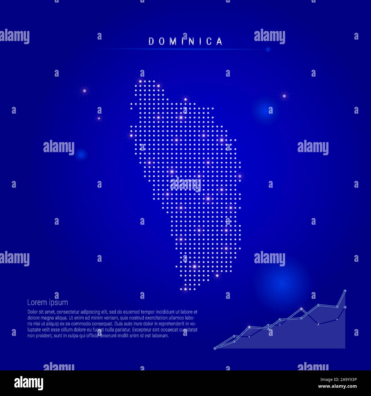 Dominica illuminated map with glowing dots. Infographics elements. Dark blue space background ...