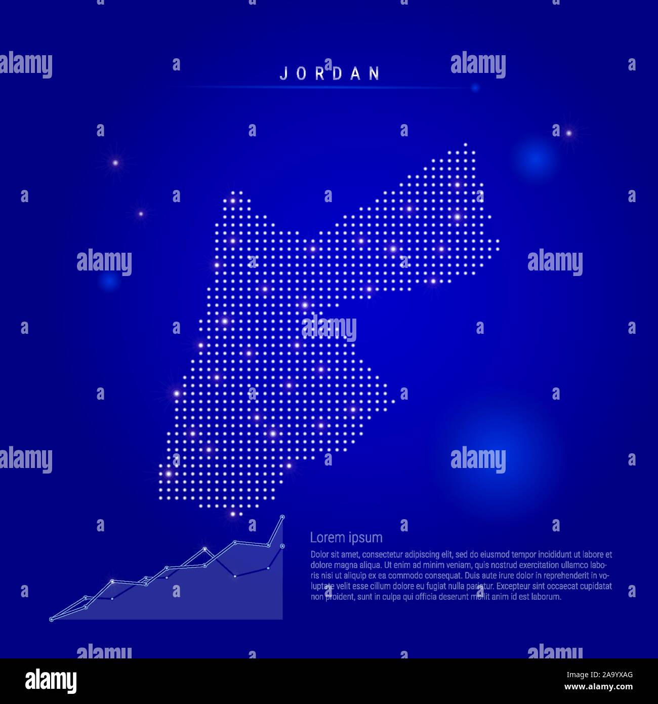Jordan illuminated map with glowing dots. Infographics elements. Dark ...