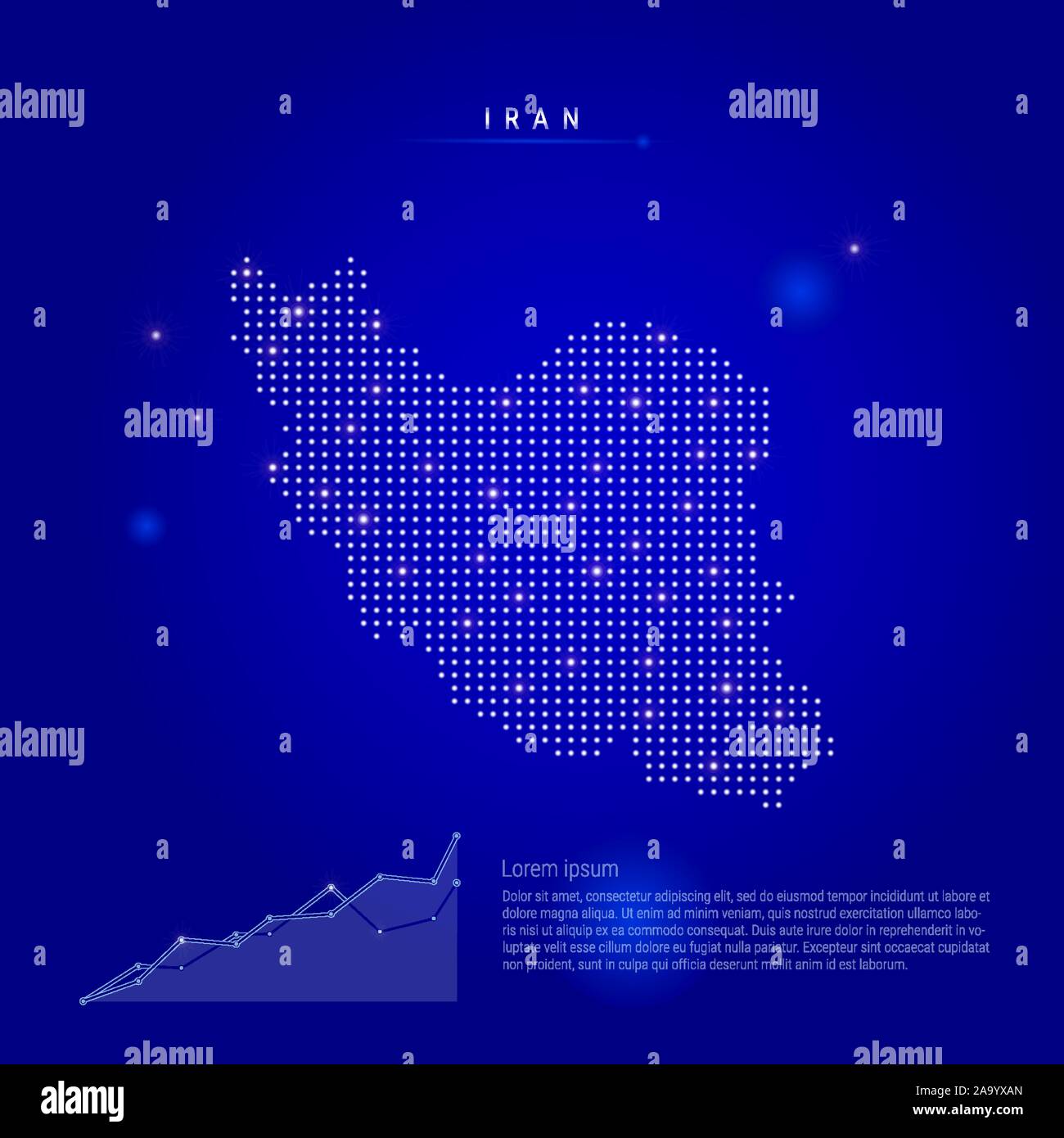 Iran illuminated map with glowing dots. Infographics elements. Dark ...