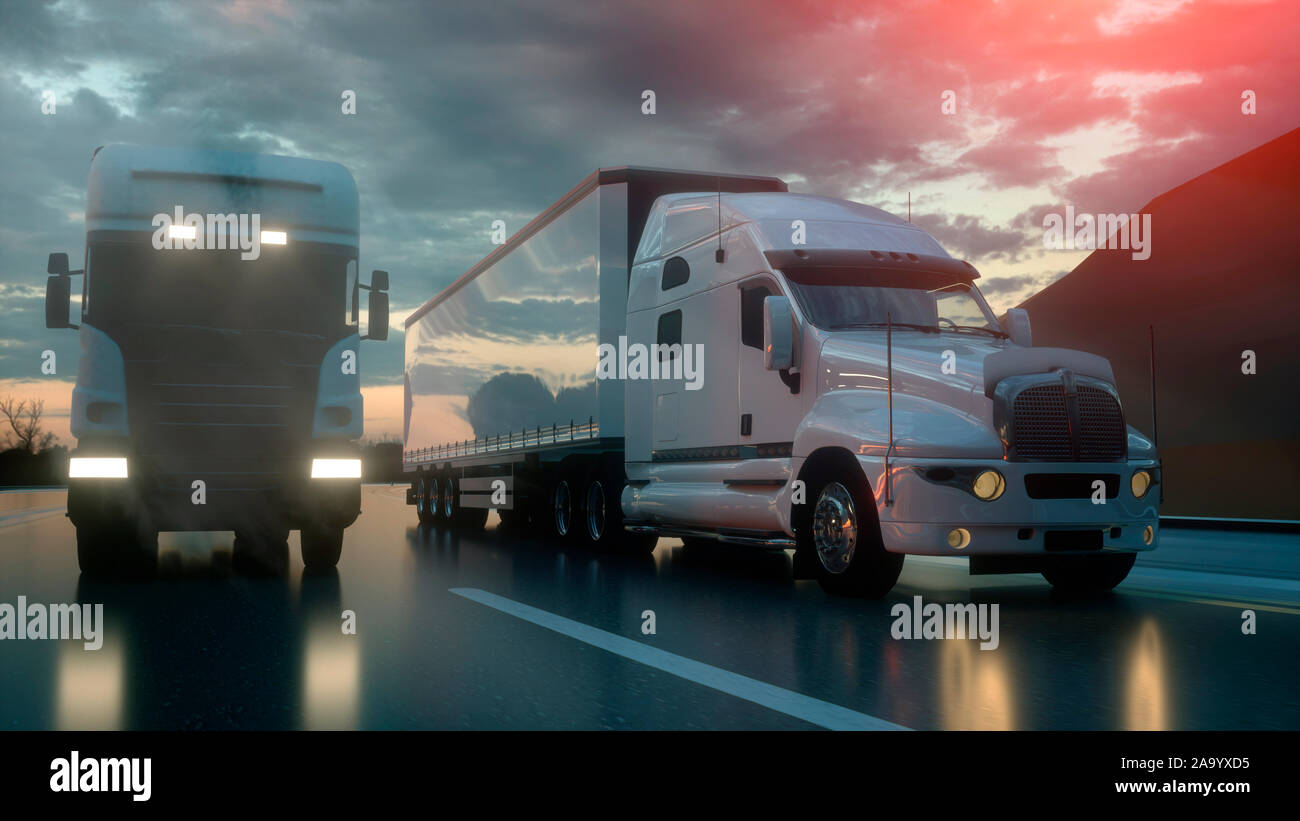 Two white trucks on the road, highway. Transports, logistics concept ...