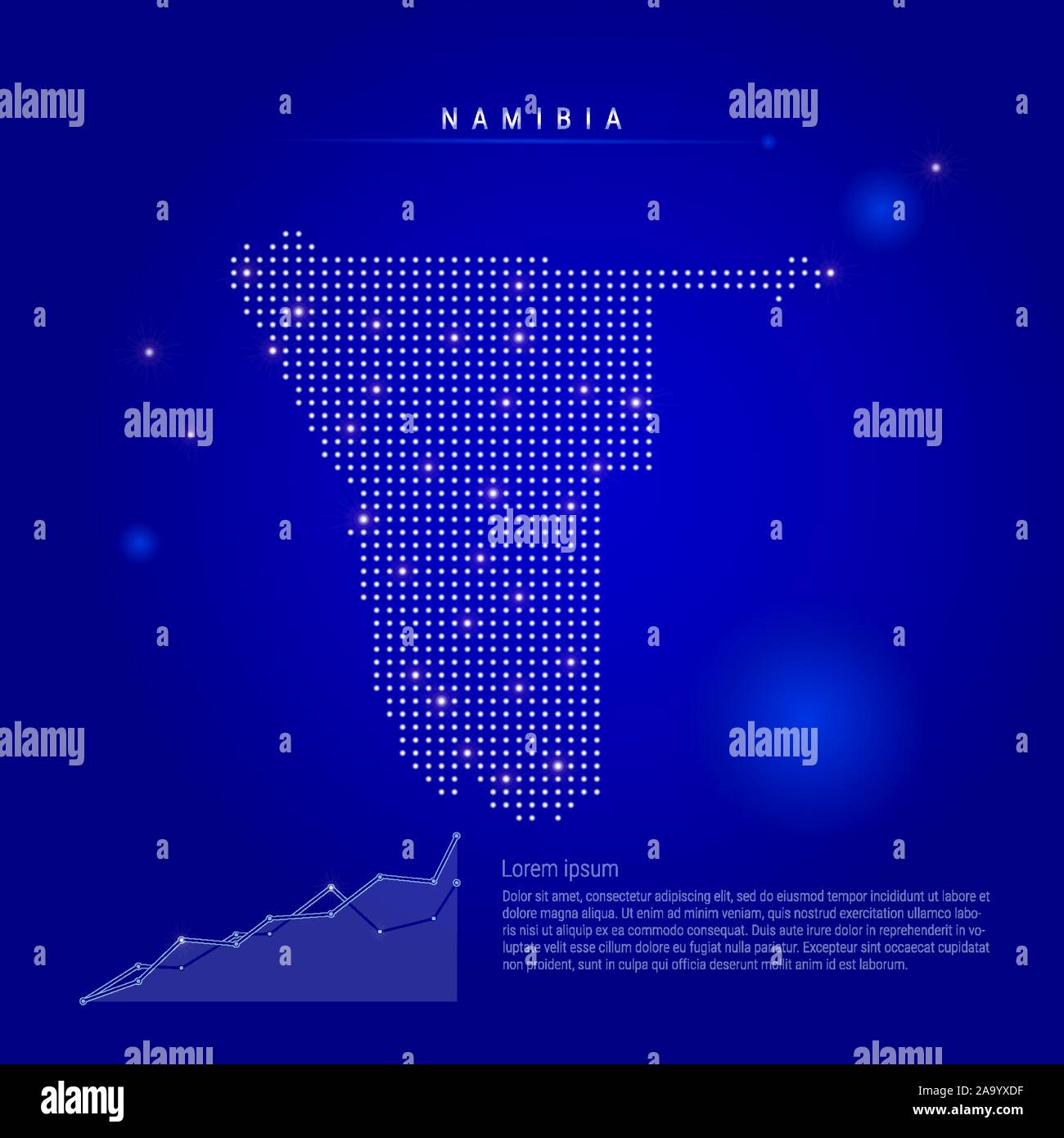 Namibia illuminated map with glowing dots. Infographics elements. Dark ...