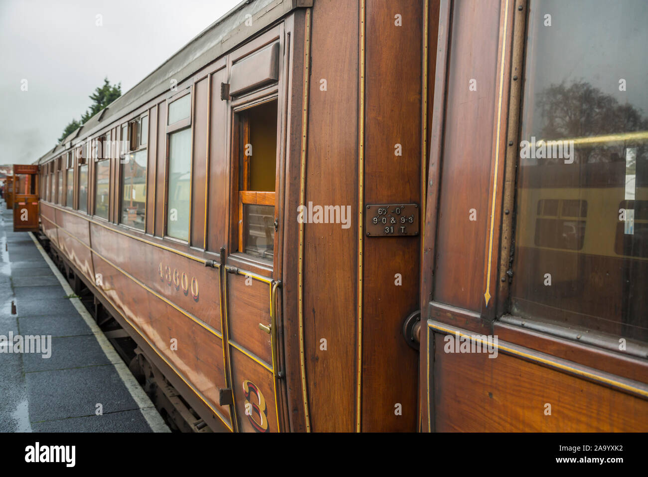 Close up of teak, vintage 3rd class railway carriage, window open ...