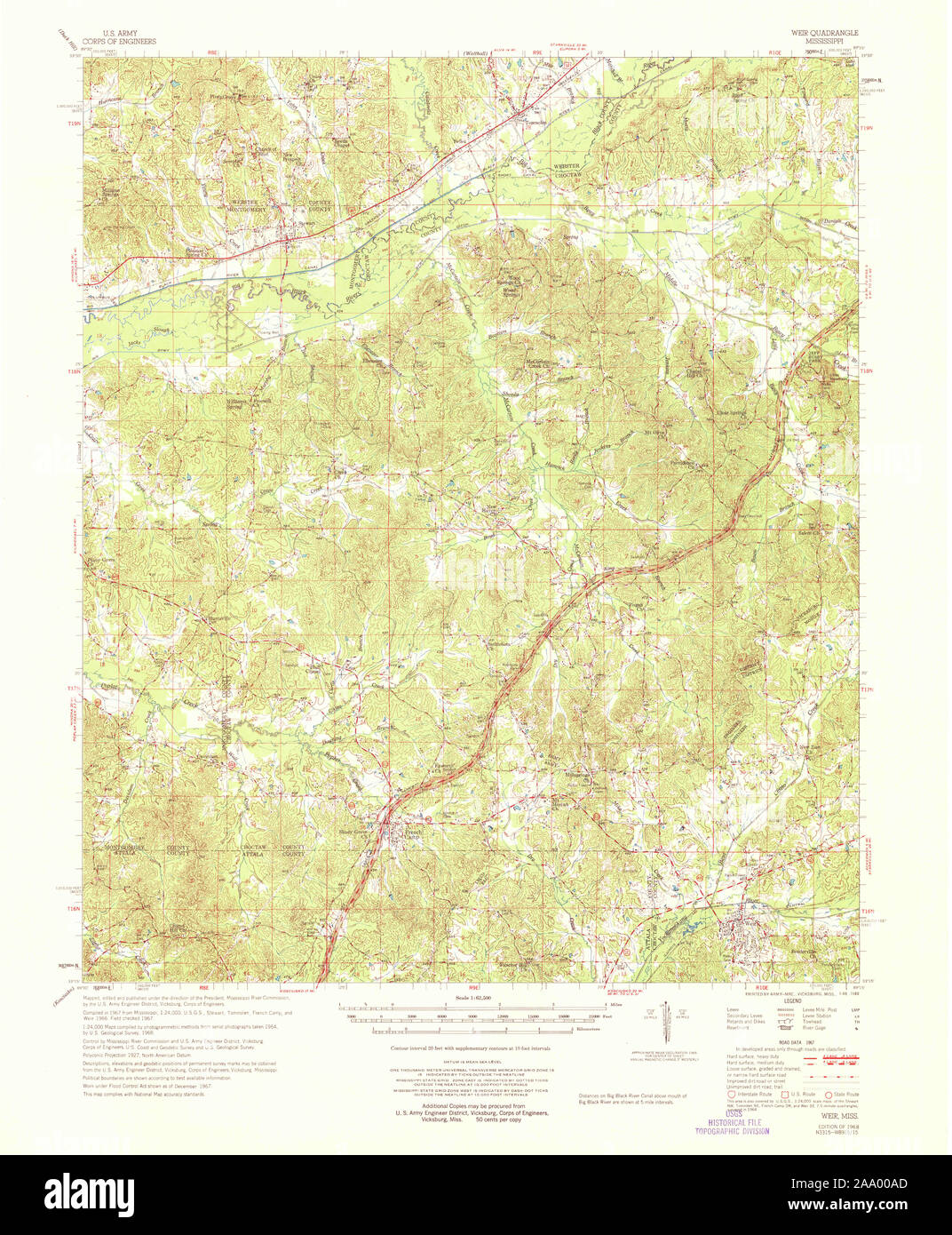 USGS TOPO Map Mississippi MS Weir 337175 1968 62500 Restoration Stock ...
