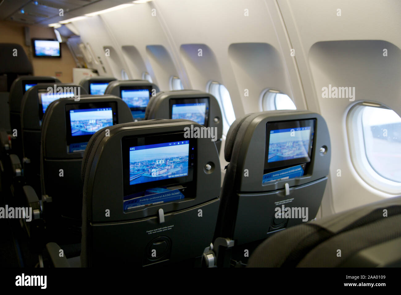 COPENHAGEN, DENMARK - NOV 24th, 2018: Empty airplane seats waiting for ...