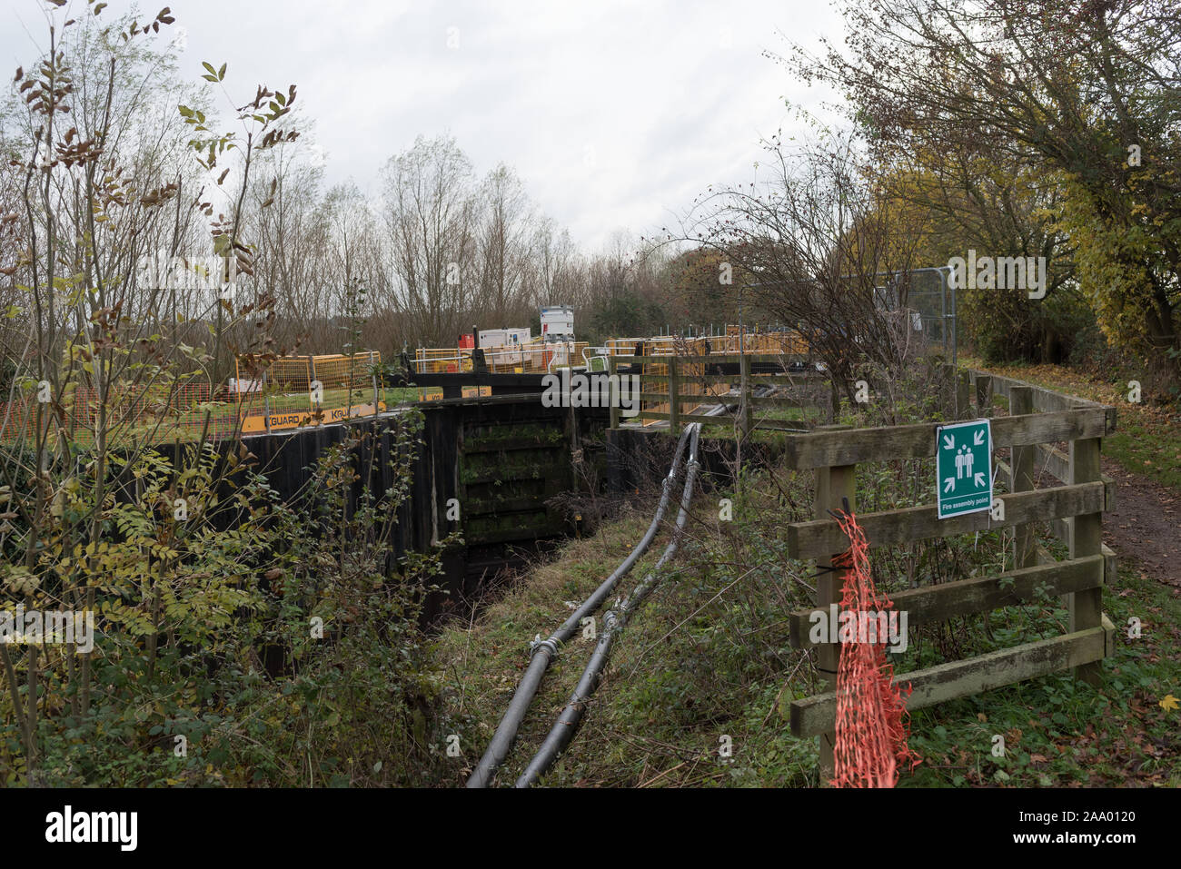 dried canal with dam scaffolding bracing canal water maintenance on ...