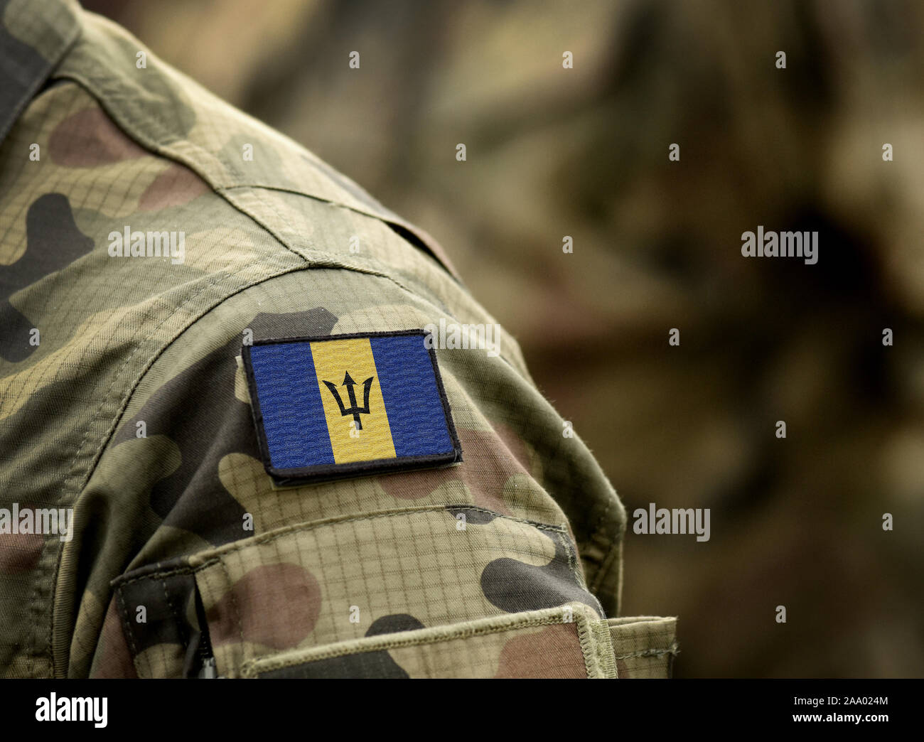 Flag of Barbados on military uniform. Army, armed forces, soldiers ...