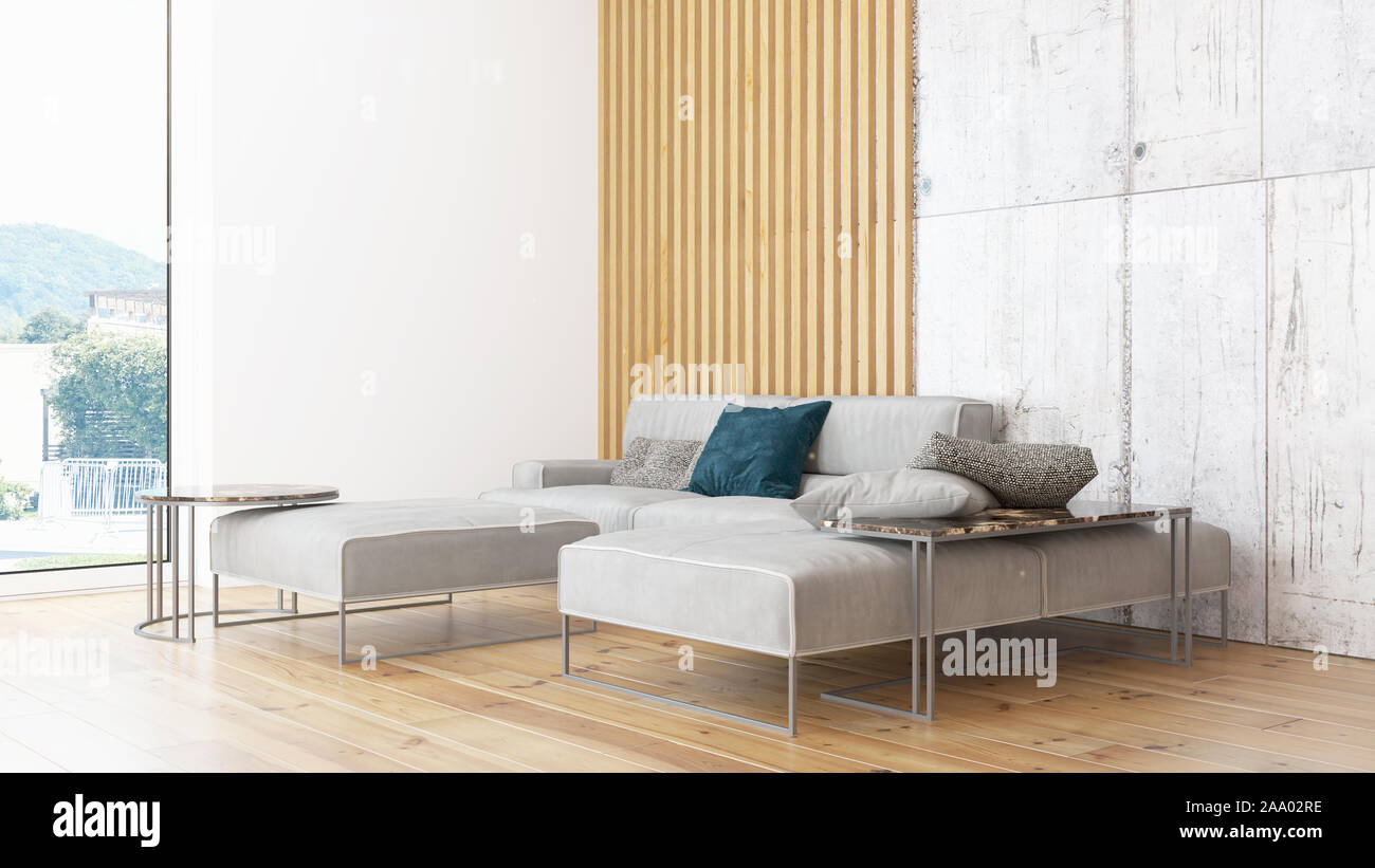 Modern design living room interior with beautiful view . 3D rendering ...