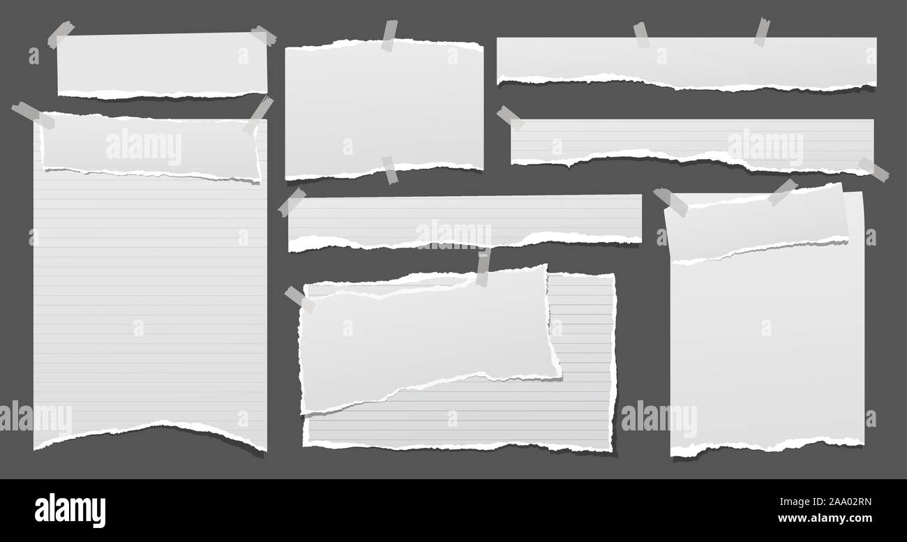 Set of torn white note, notebook paper strips and pieces stuck with ...