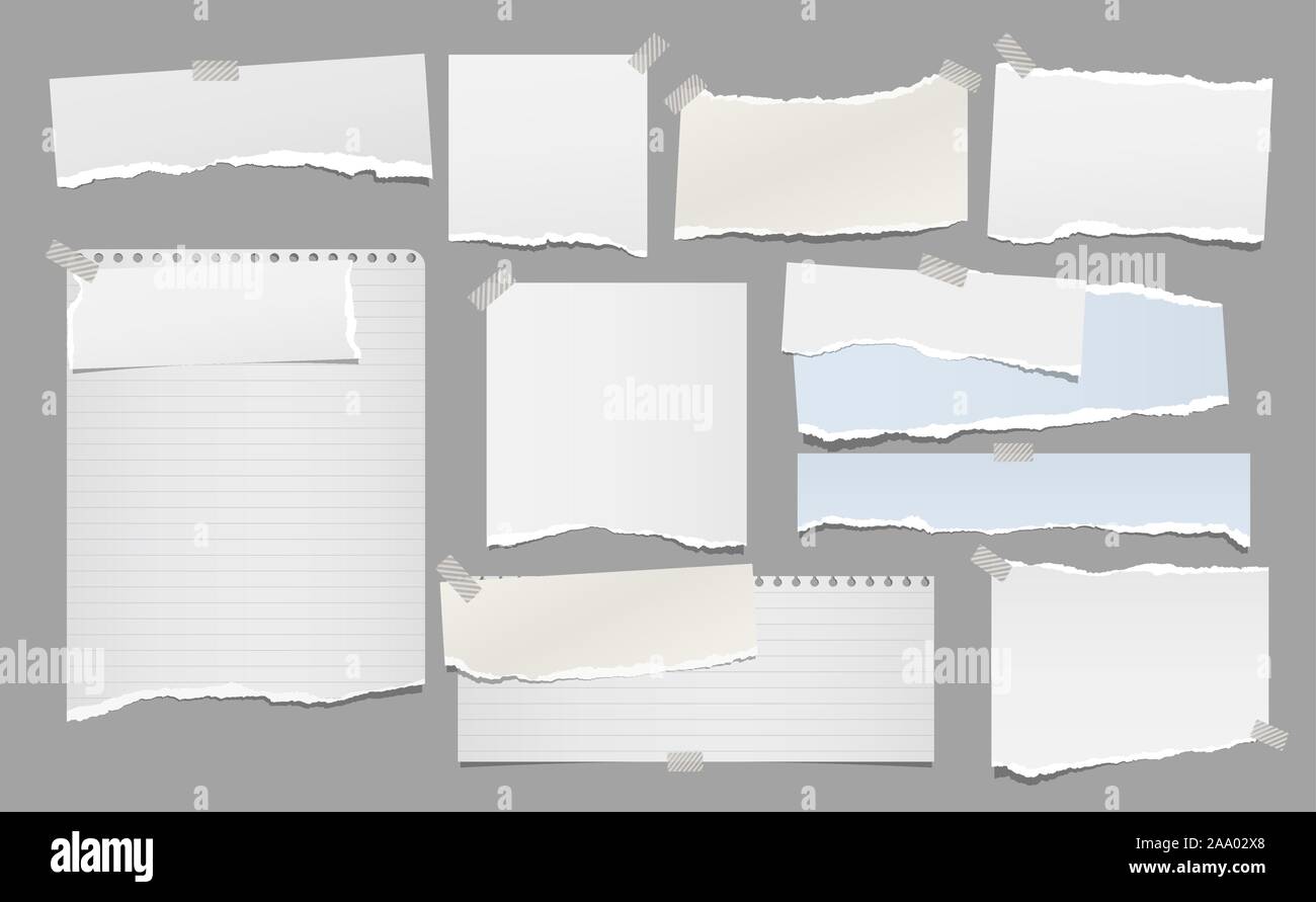 Set of torn white note, notebook paper strips and pieces stuck with ...