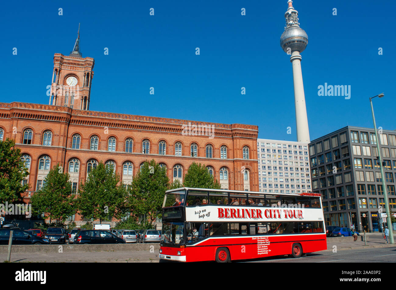 Red Sightseeing tour bus tv tower and The Rotes Rathaus (Red City Hall ...