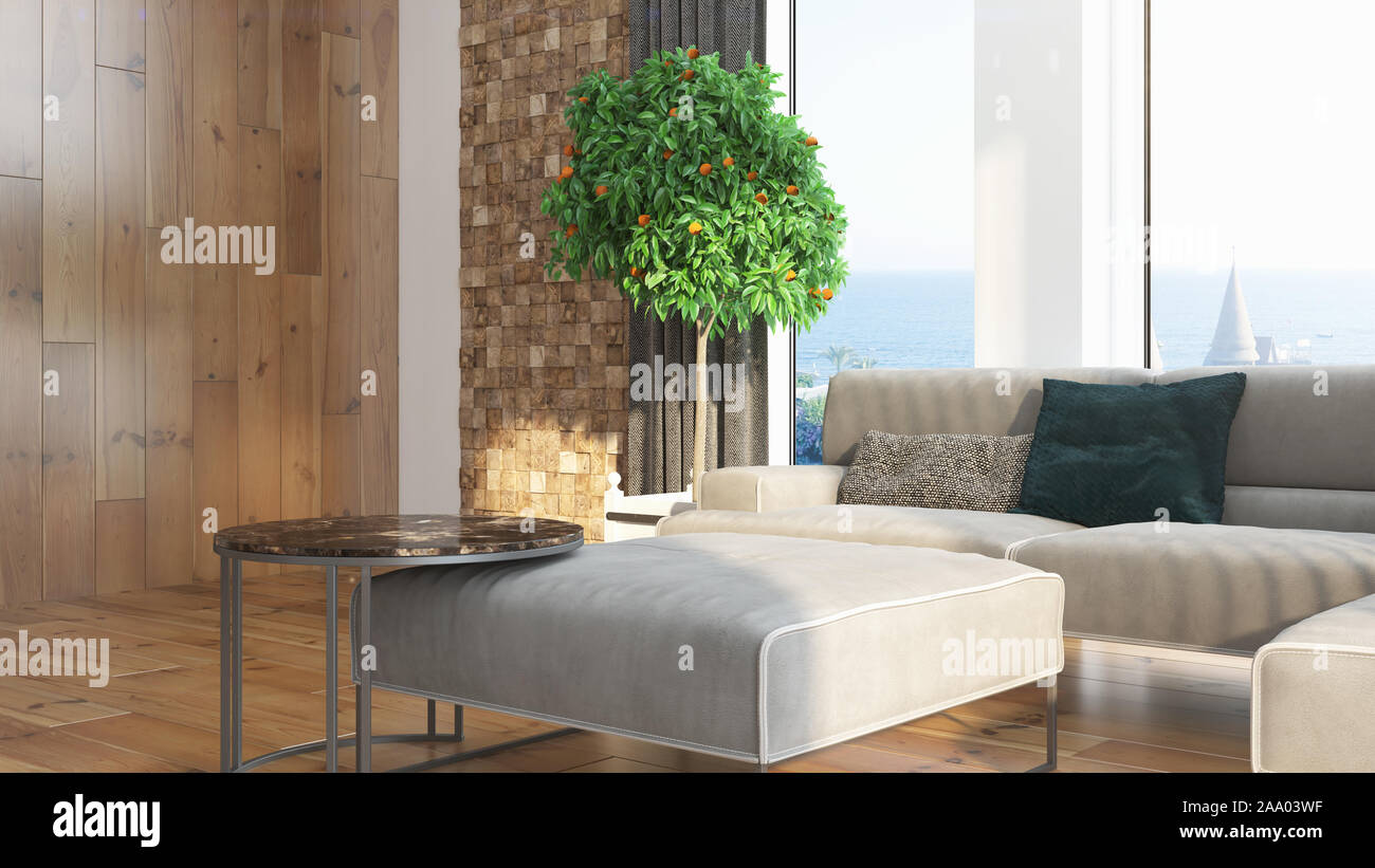 Modern design living room interior with beautiful view . 3D rendering ...