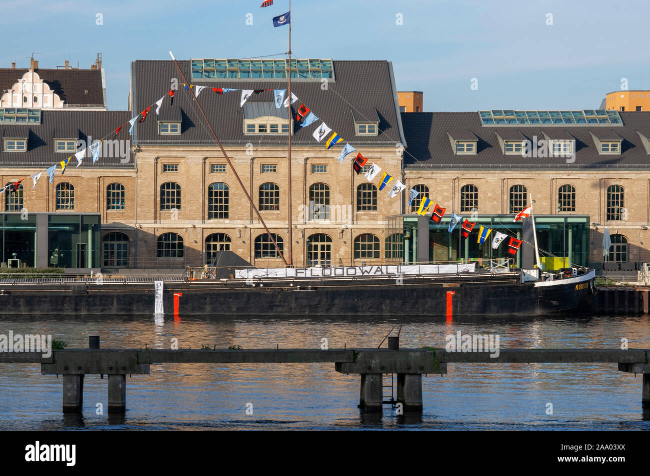 Floodwall boat dock near Panoramic view of Berlin skyline with famous ...
