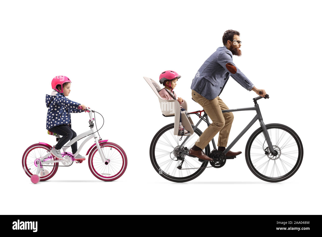 Father riding a bicycle with a child seat and a little girl riding a ...