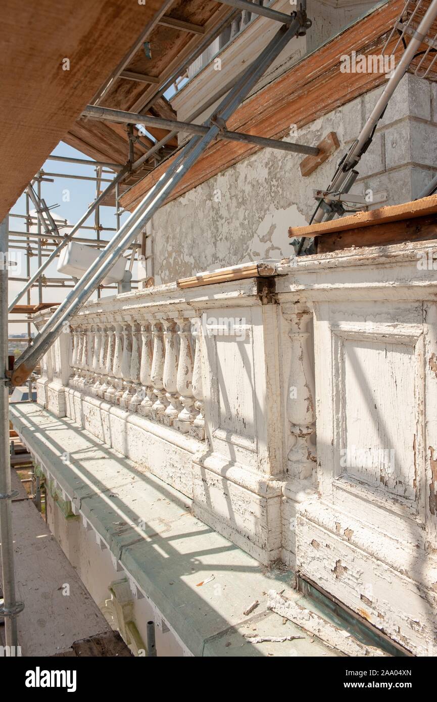 Architectural details are visible during the renovation of historic ...