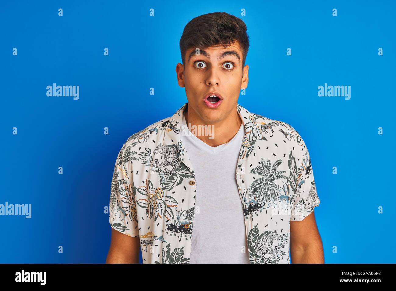 Young indian man on vacation wearing hawiaian shirt standing over ...