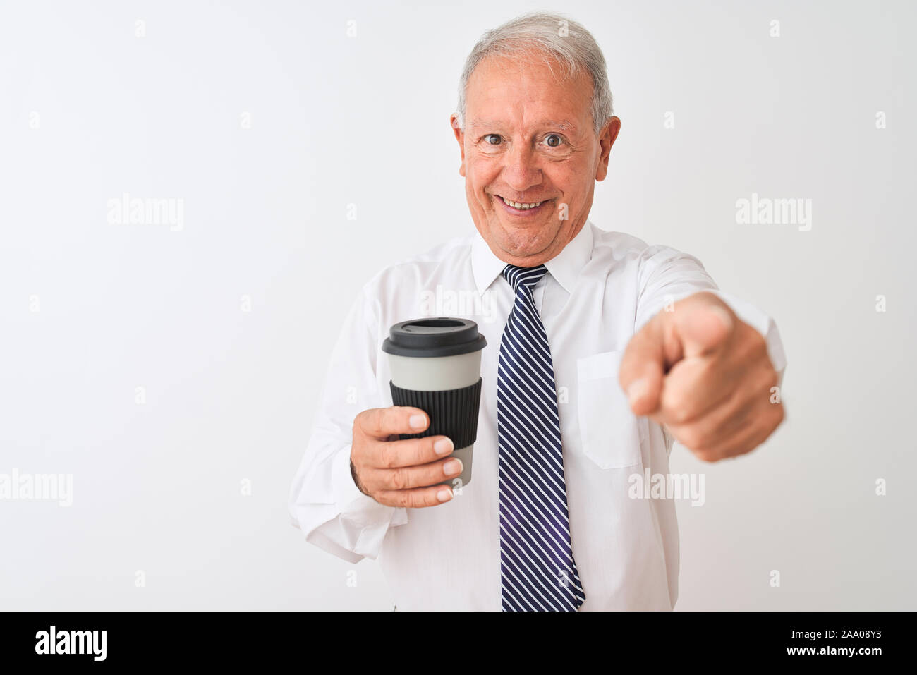 Senior grey-haired businessman drinking take away coffee over isolated ...
