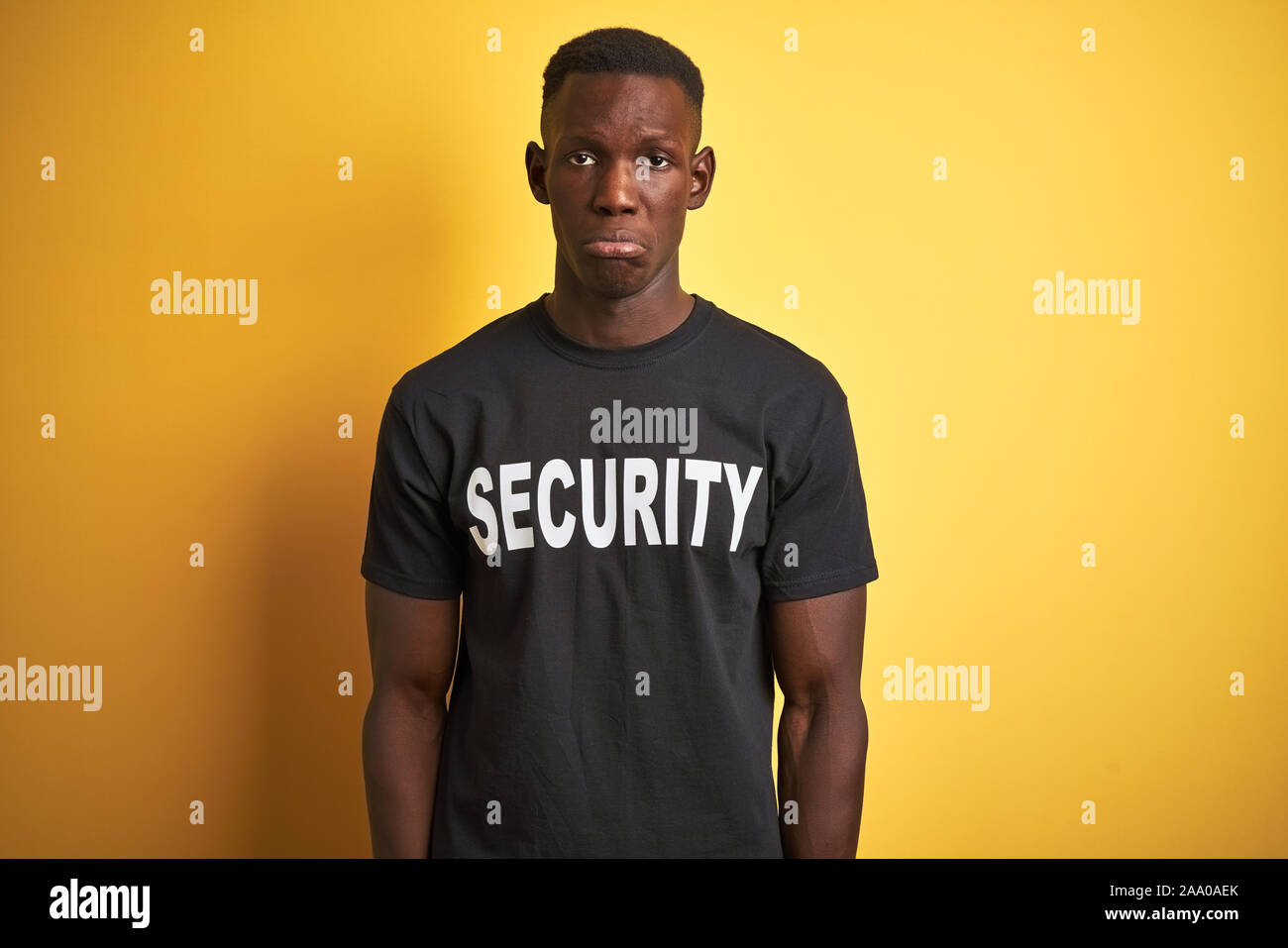 African american safeguard man wearing security uniform over isolated ...