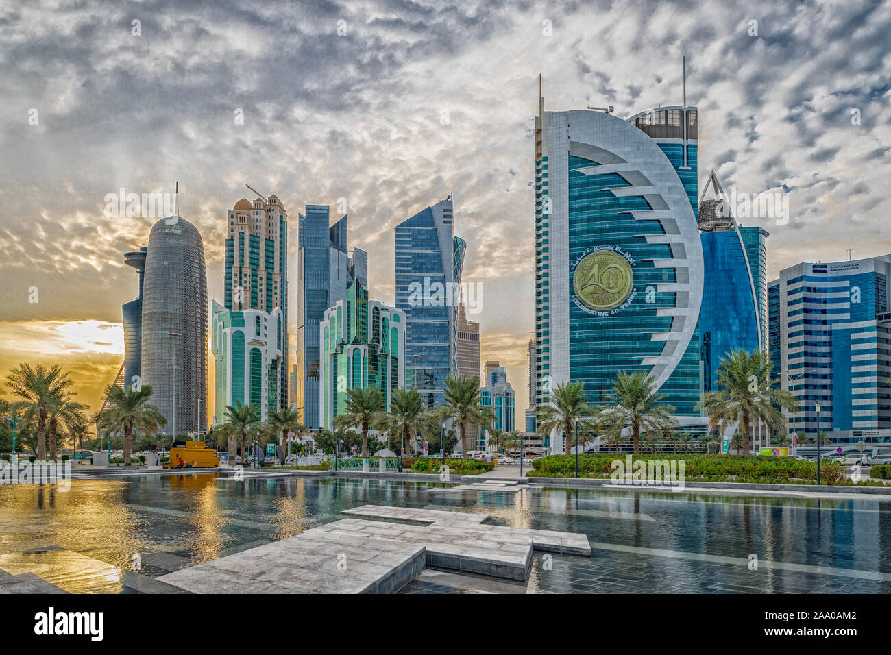 Doha, Qatar Skyline daylight view from Sheraton park with reflection in ...