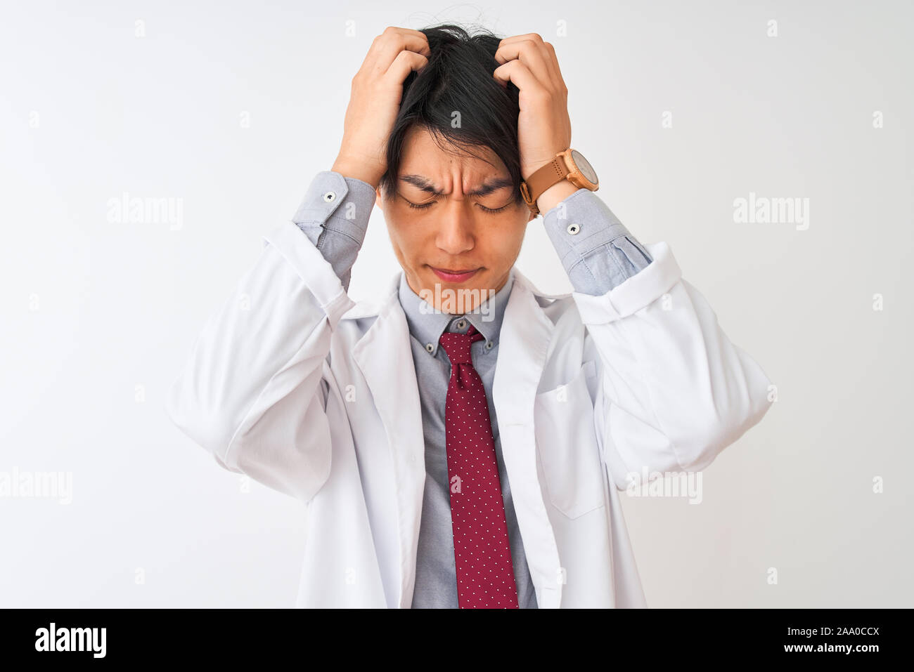 Chinese scientist man wearing tie and coat standing over isolated white ...