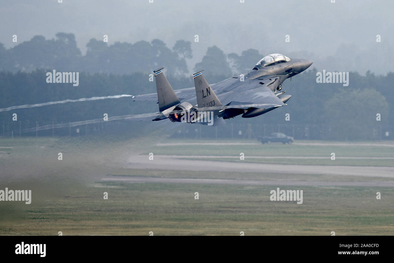 An F-15E Strike Eagle assigned to the 492nd Fighter Squadron takes off ...