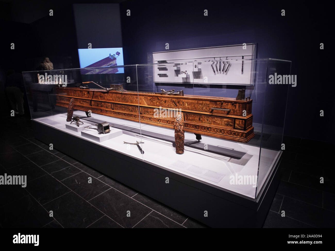 New York, United States. 18th Nov, 2019. A wire-drawing bench is on ...