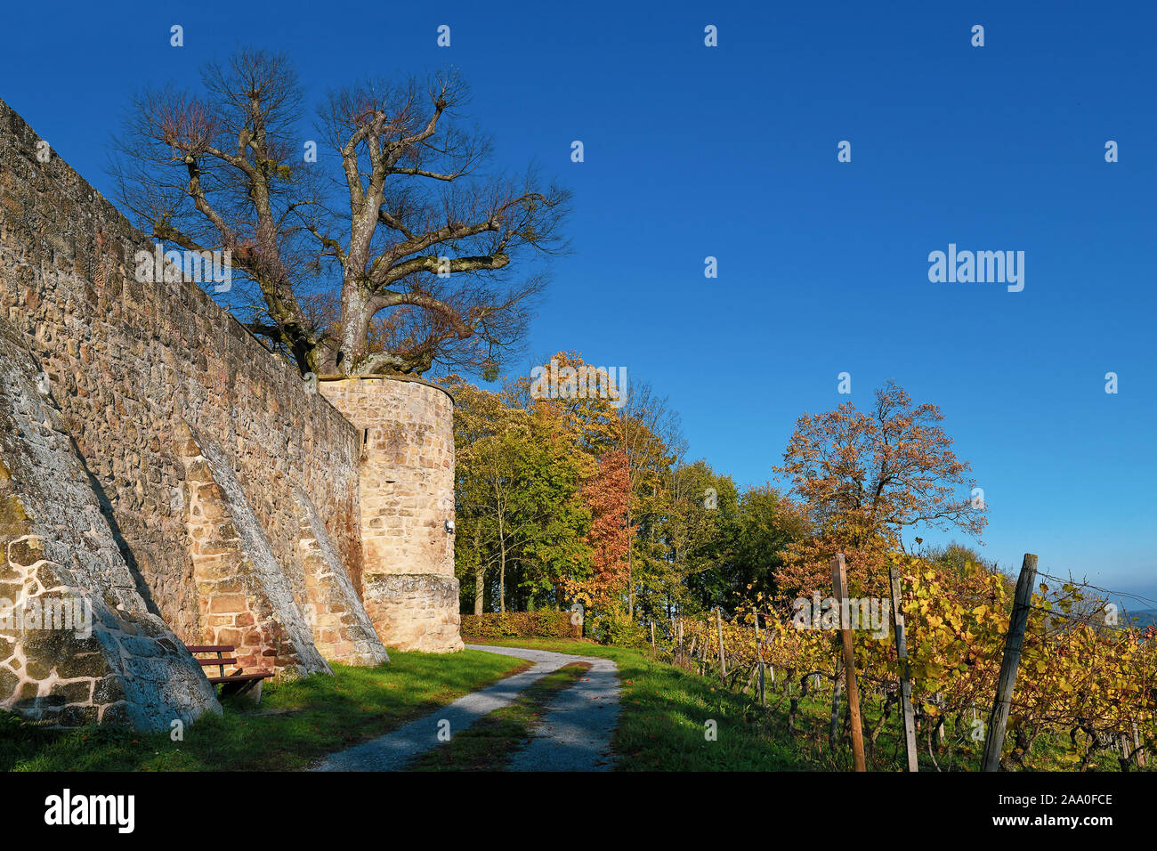 Outer wall of medieval fortress called 'Burg Steinsberg' in German city ...