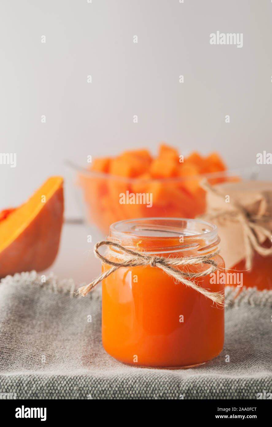 Homemade pumpkin jam in a serving jars on the table. Sweet,yummy, tasty ...