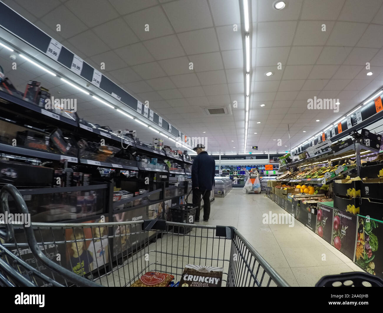 View of a shopping trolley and aisle at a LIDL supermarket in Bucharest ...